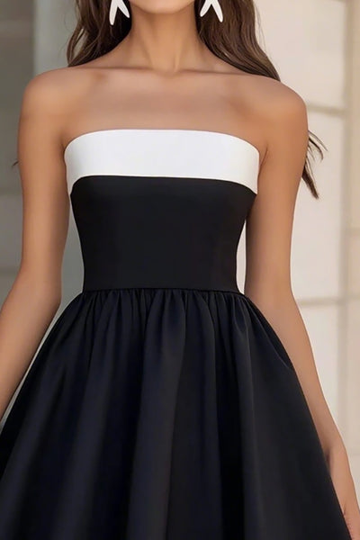 Berylove Women Strapless Graduation Dress Satin A Line Little Black Dress