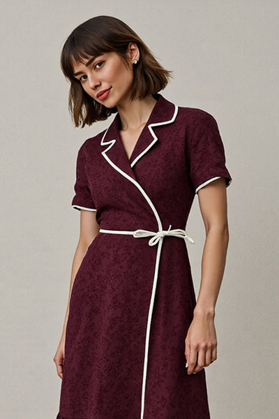 Berylove Women A Line Work Dress Burgundy V-Neck Short Sleeve Midi Dress