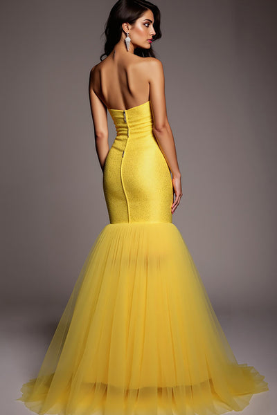 Berylove Women Yellow Mermaid Prom Dress Strapless Tulle Long Party Dress