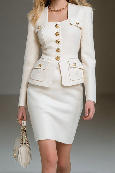 Berylove Women White Skirt Suits Square Neck 2-Piece Mini Work Suits